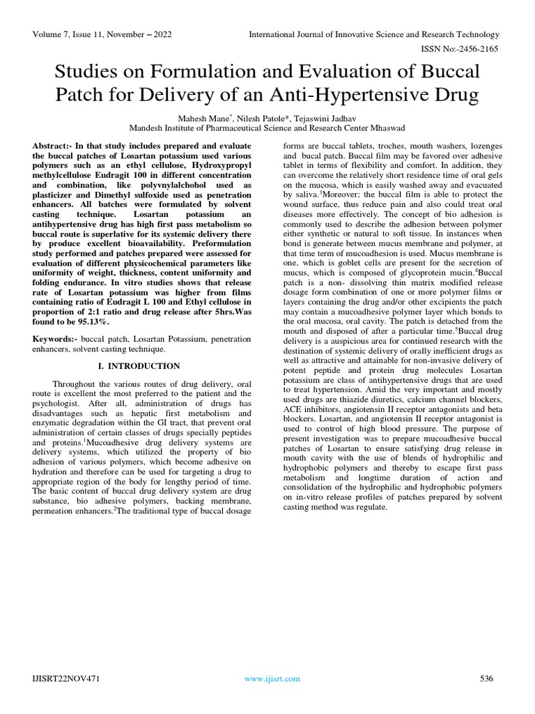 Buccal Patch Formulation for Losartan | PDF