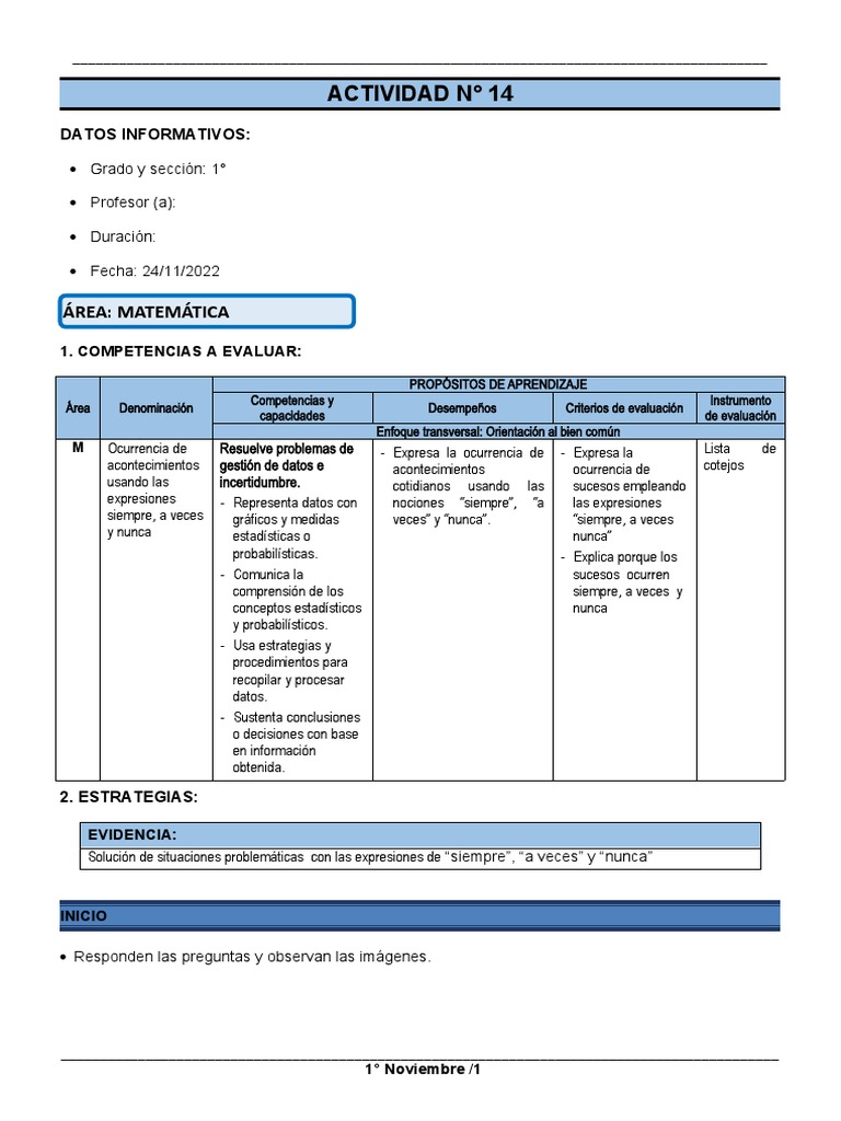Actividades de Matemática: Siempre, A veces, Nunca | PDF | Evaluación ...