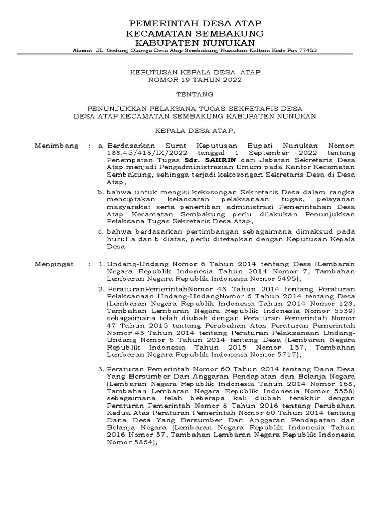 Contoh SK Pelaksana Tugas Harian Sekdes | PDF