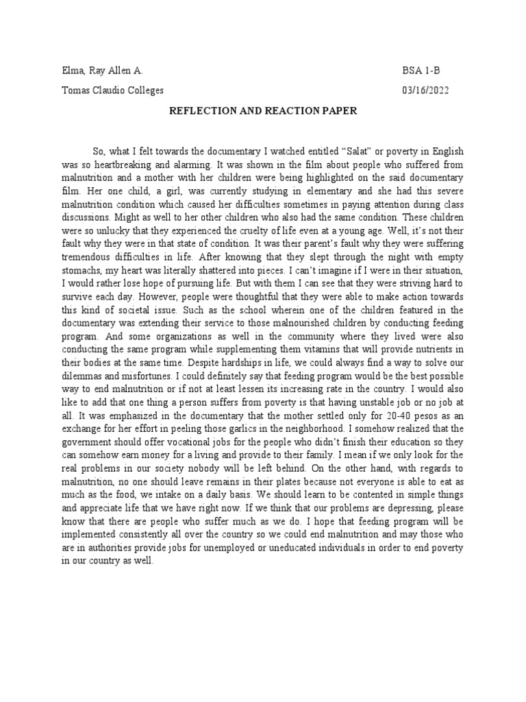 Elma Ray Allen A - NSTP - Reflection and Reaction Paper (Salat) | PDF ...