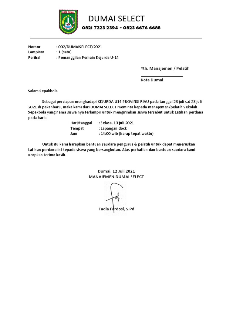 Surat Pemanggilan Pemain | PDF