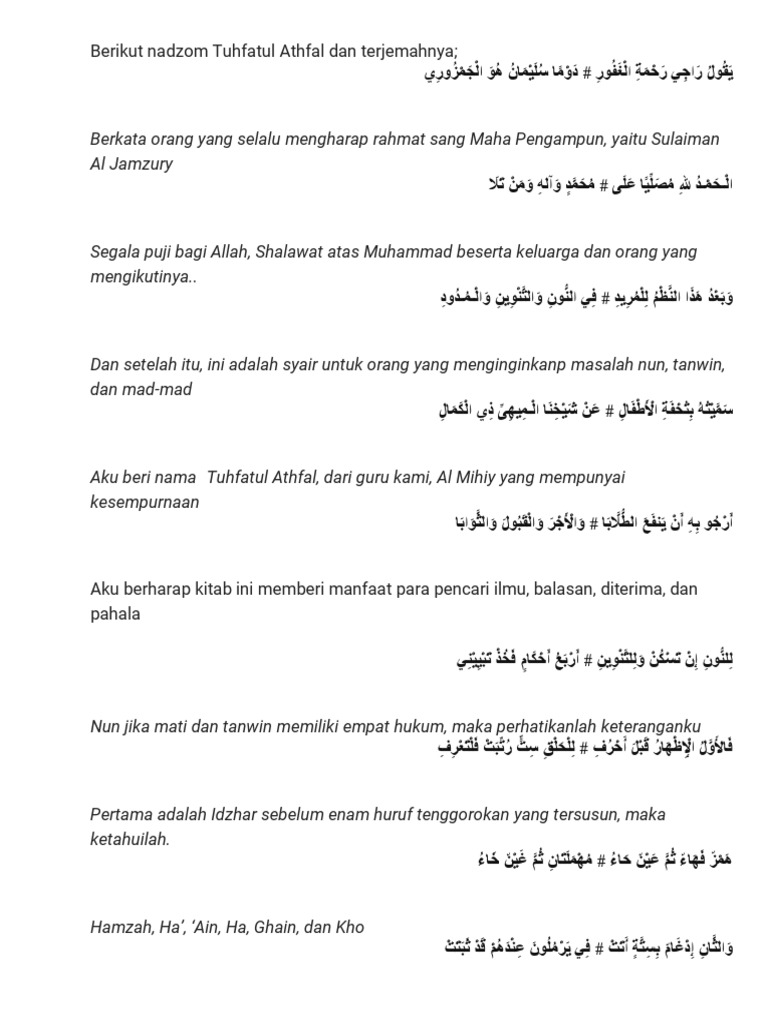Nadzom Tuhfatul Athfal Dan Terjemahnya | PDF