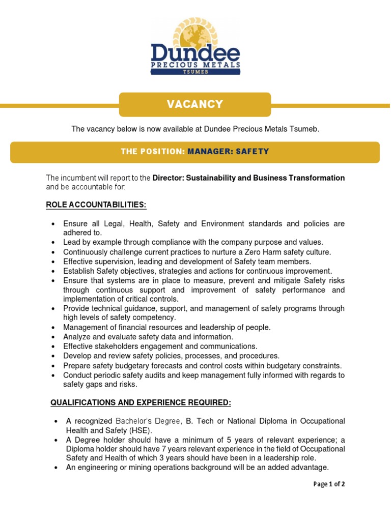 Manager: Safety Vacancy at Dundee Tsumeb | PDF | Safety | Occupational ...