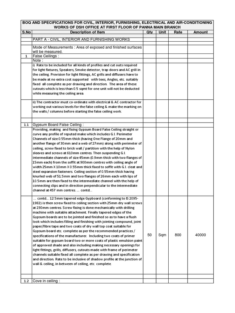Boq and Specifications For Civil, Interior, Furnishing, Electrical and Air-Conditioning Works of ...