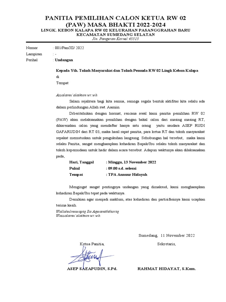 Undangan Pengukuhan Paw RW 02 2022-2024 | PDF