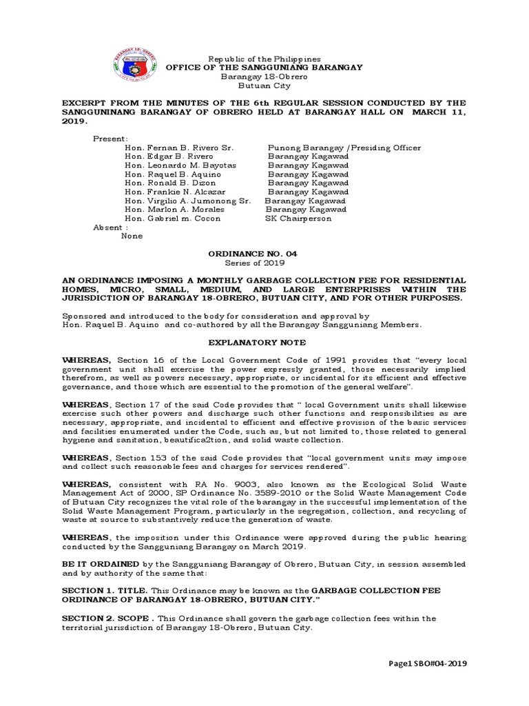 Garbage Collection Fee Ordinance 2019 | PDF | Municipal Solid Waste | Fee