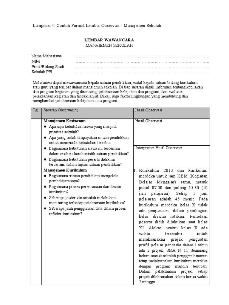 Lampiran 4 - Contoh Format Lembar Observasi Manajemen Sekolah | PDF