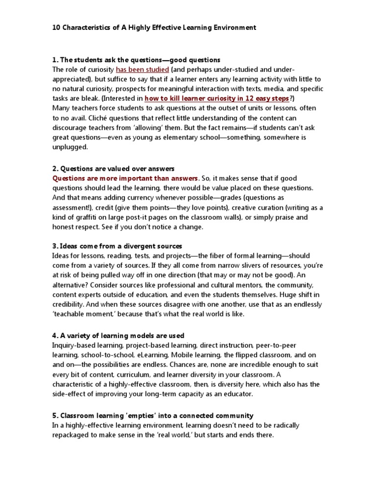 10 Characteristics of A Highly Effective Learning Environment | PDF