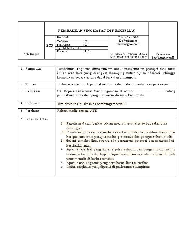 Pembakuan Singkatan Di Puskesmas | PDF