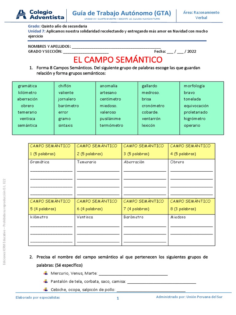 Ficha Práctica - Campo Semántico | PDF
