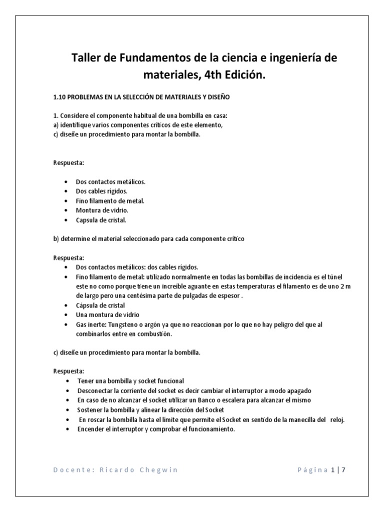 Taller 1. Diseno y Seleccion de Materiales de Ingenieria | PDF | Cobre | Casco