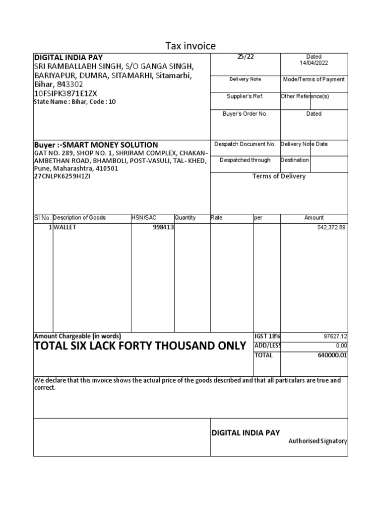 Tax Invoice: Total Six Lack Forty Thousand Only | PDF