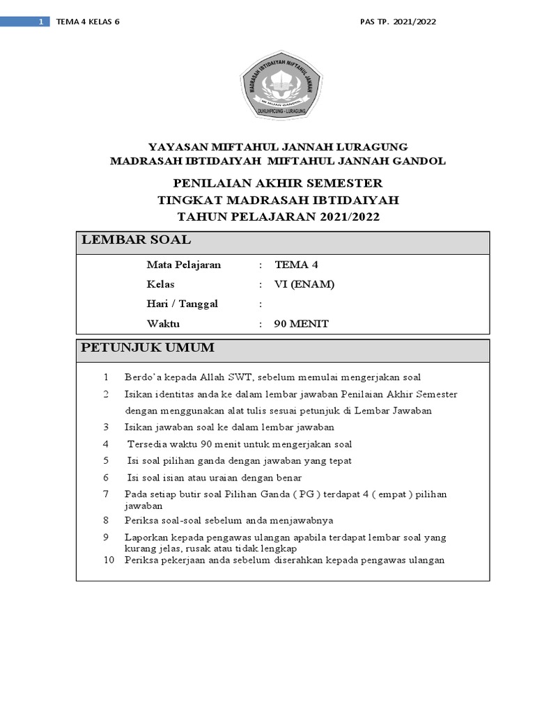Naskah Soal Pas Kelas 6 Tema 4 | PDF