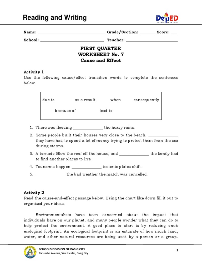 Cause and Effect Worksheet for Students | PDF