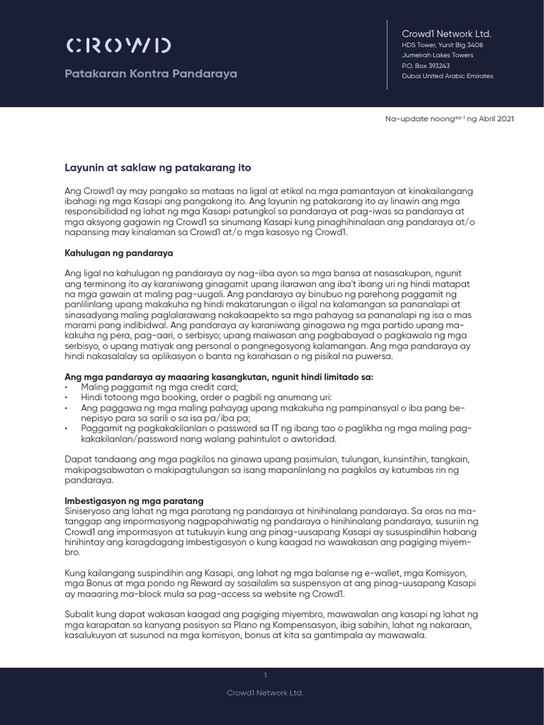 Tagalog-Crowd1-Anti Fraud Policy | PDF