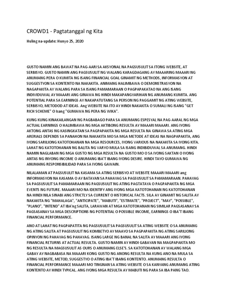 Tagalog Crowd1 Income Disclaimer | PDF