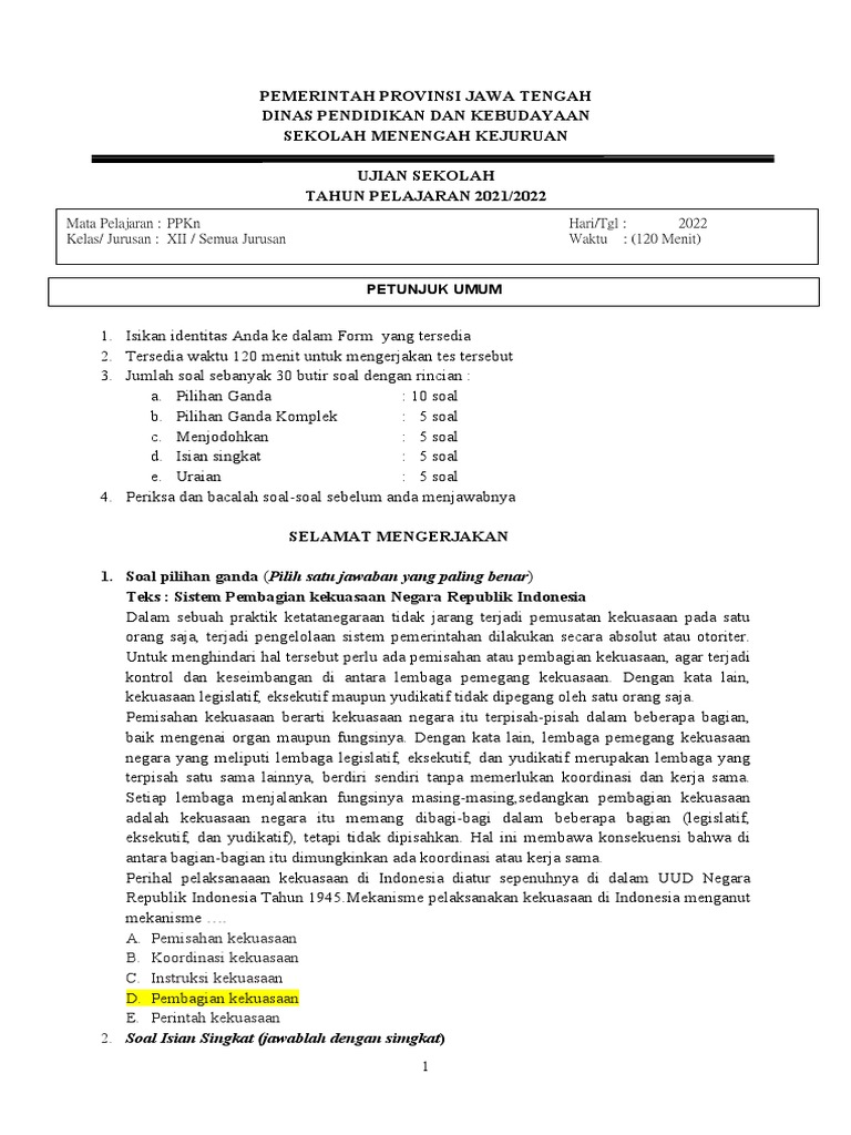 Naskah Soal Ujian Sekolah PPKN | PDF