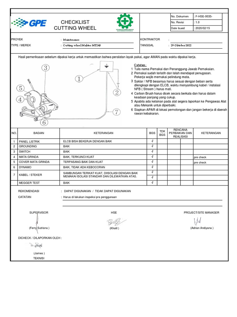 03.4. Laporan Inspeksi Alat Cutting Wheel | PDF
