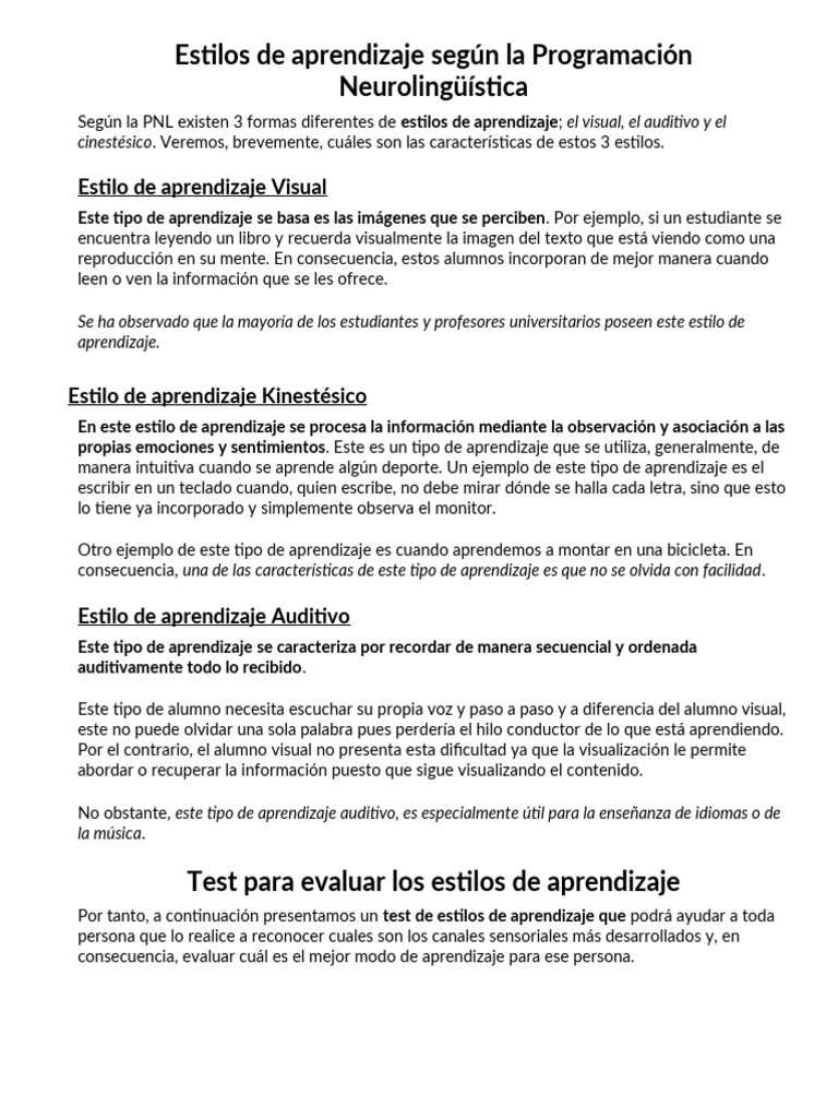 Los estilos de aprendizaje según la Programación Neurolingüística: Un análisis de sus ...