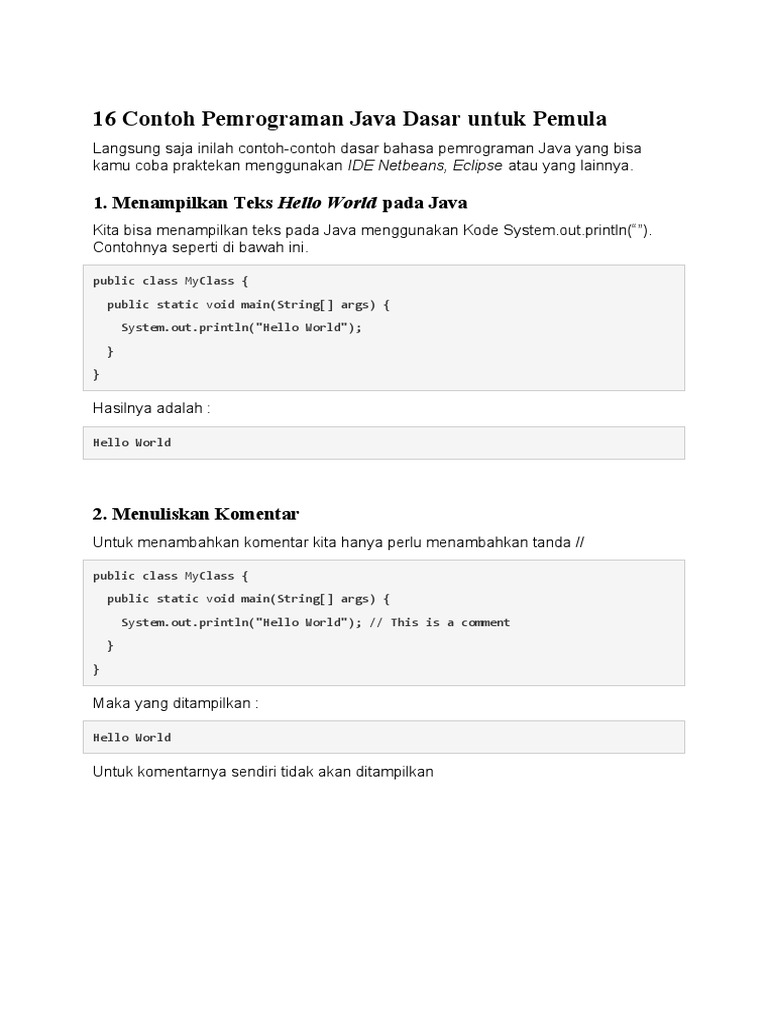 16 Contoh Pemrograman Java Dasar Untuk Pemula Kelas 10 | PDF | Metode ...