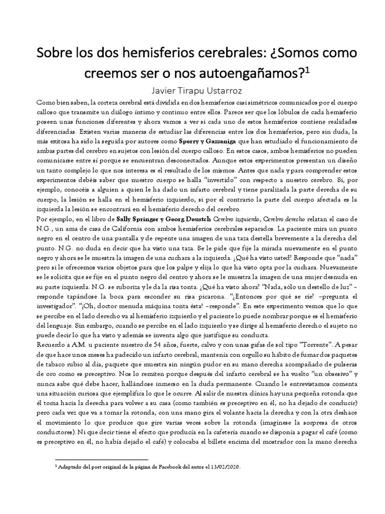 Sobre Los Dos Hemisferios Cerebrales J TIRAPU (1) LEER+ | PDF | Cerebro ...