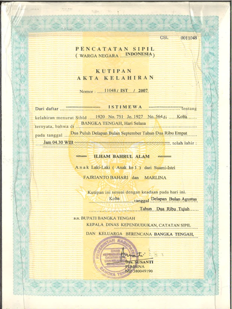 ILHAM BAHRUL ALAM - AKTA LAHIR - Zaky Ardiansyah | PDF