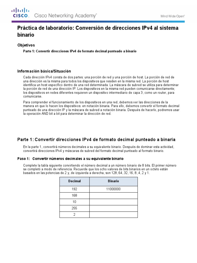 8.1.2.8 Lab - Converting IPv4 Addresses To Binary-Convert | PDF | Dirección IP | Poco