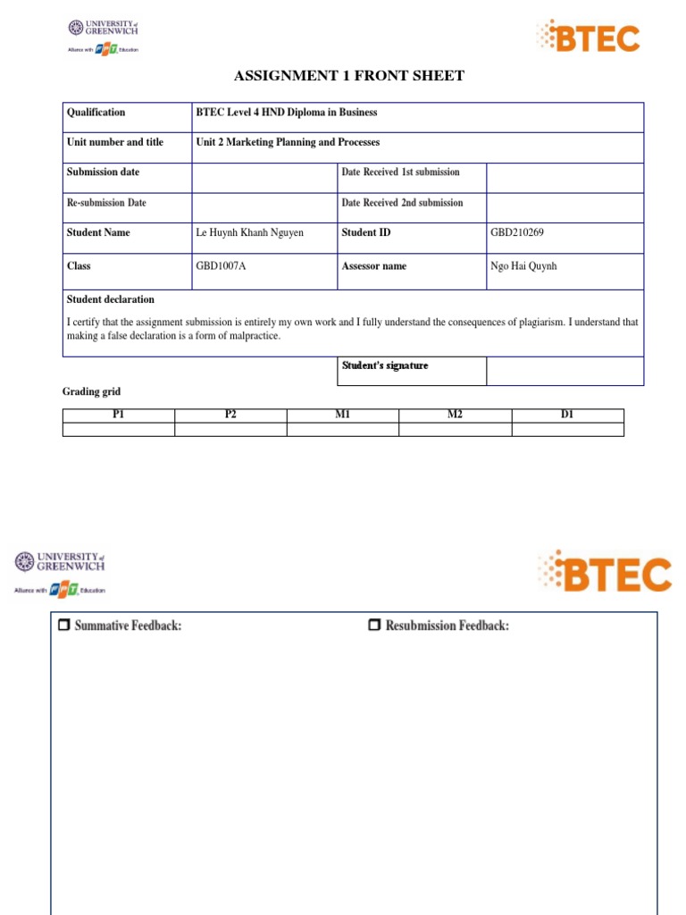 5033 - Assignment 1 Frontsheet - Le Huynh Khanh Nguyen | PDF