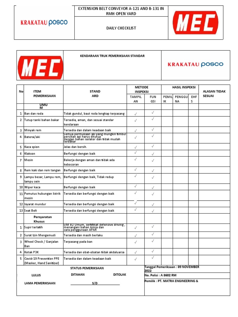 Checklist Pemeriksaan Kendaraan | PDF