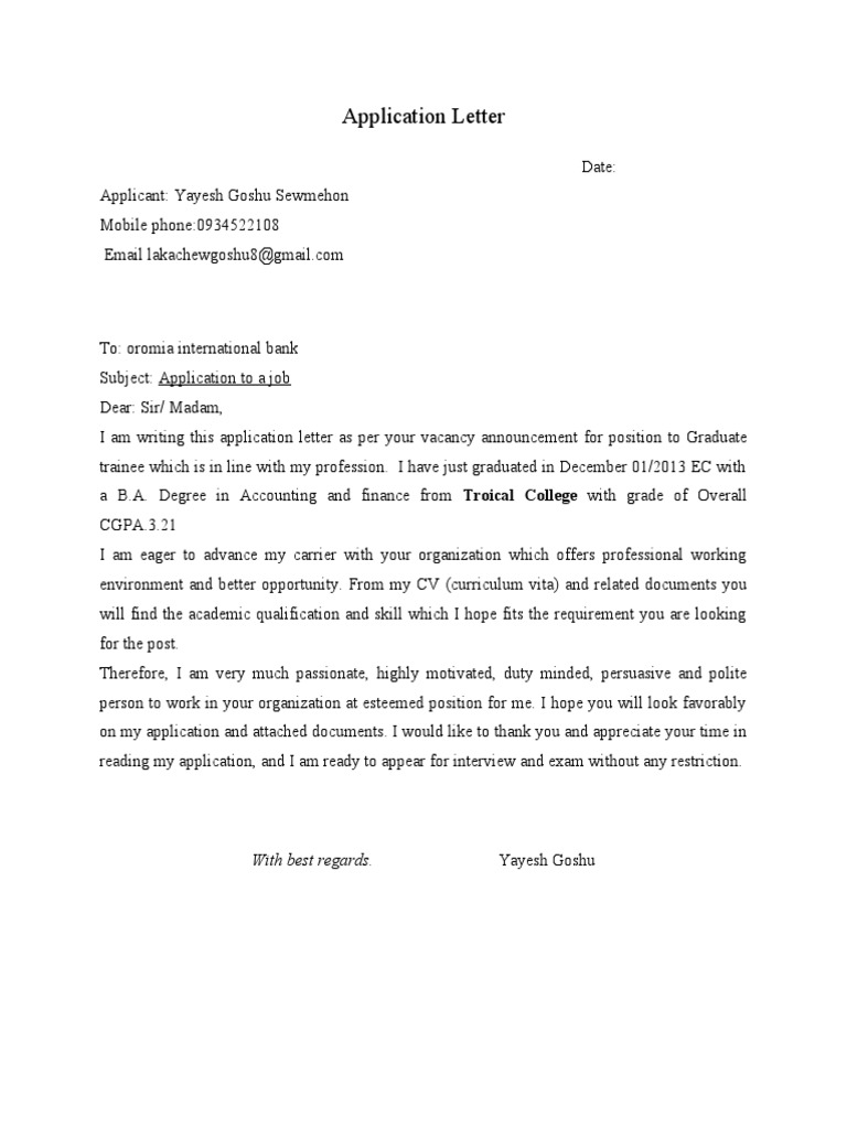 Application Letter: With Best Regards. Yayesh Goshu | PDF | Schools ...