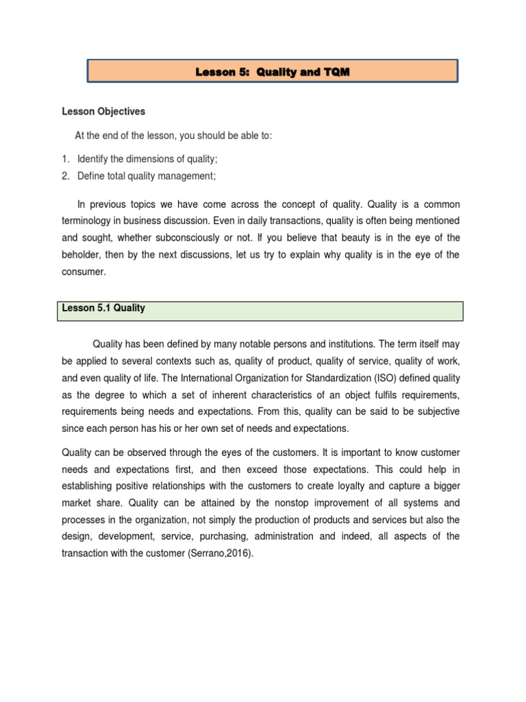 Lesson 5 | PDF | Quality (Business) | Quality Management