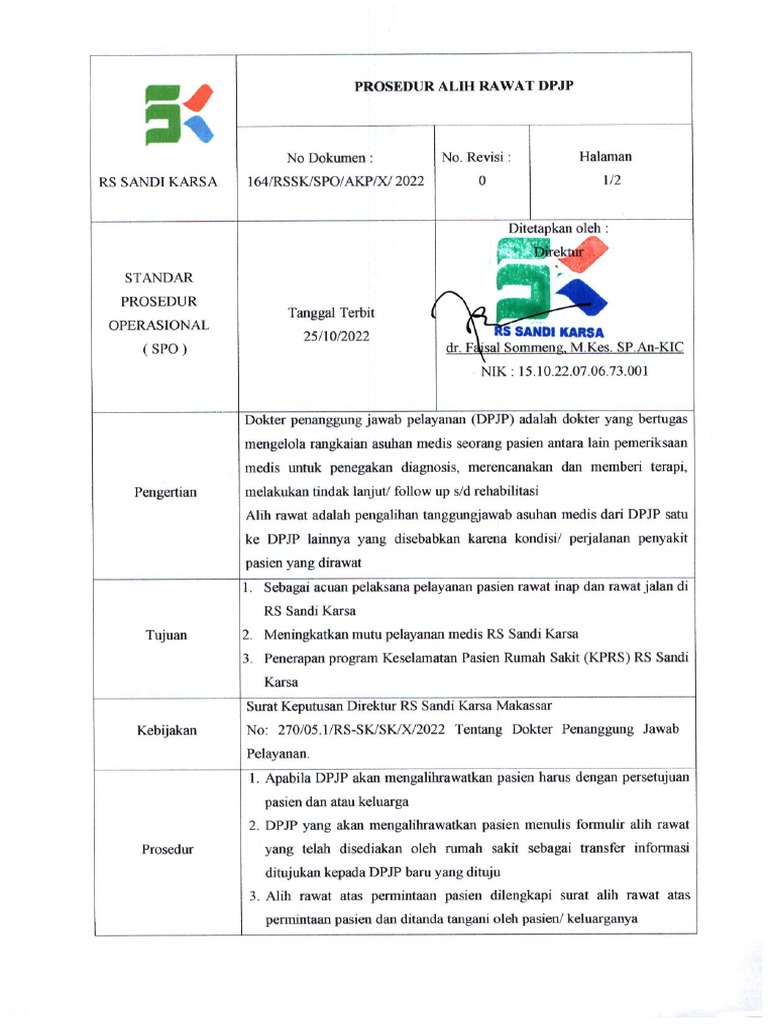 Akp 3.1 Ep B Poin A (Spo Alih Rawat DPJP) | PDF