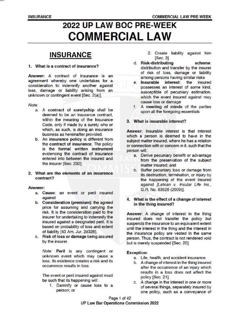 2022 UP PreWeek - Commercial Law | PDF | Insurance | Misrepresentation