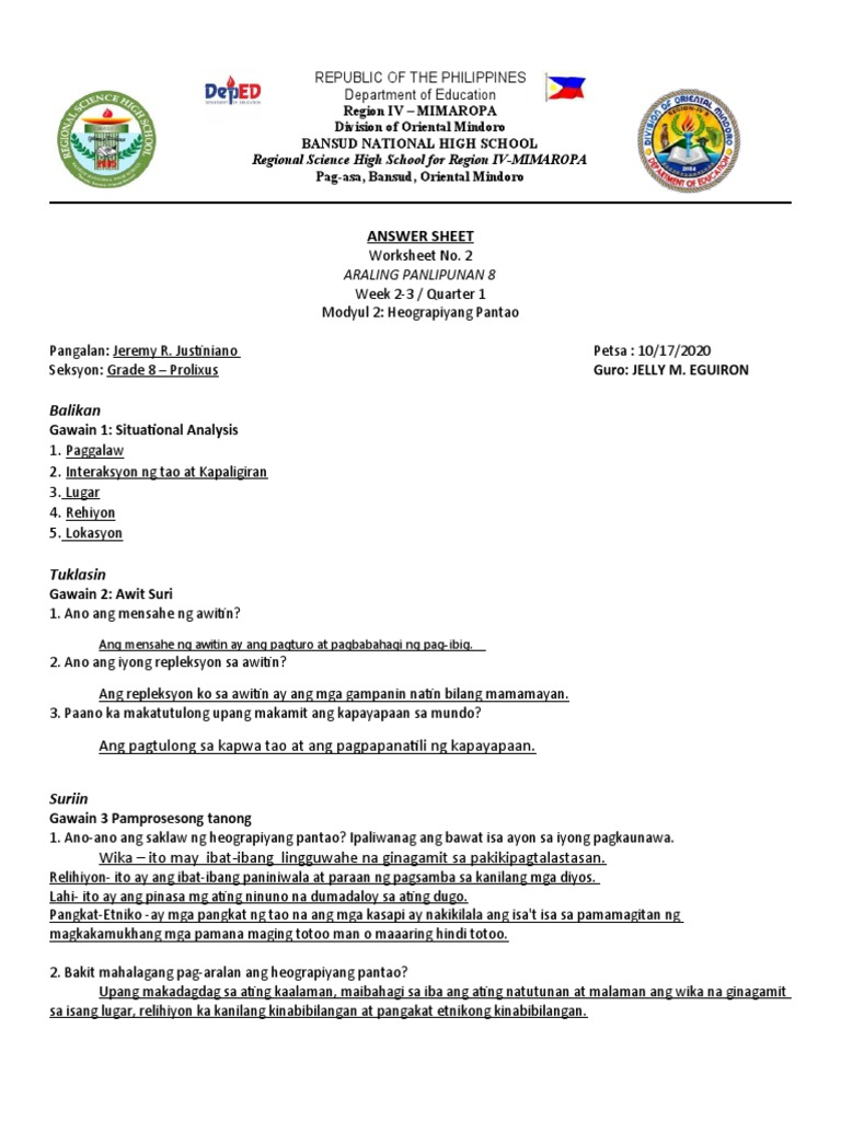 AP 8 Answer Sheet WK 2-3 Jeremy R. Justiniano | PDF