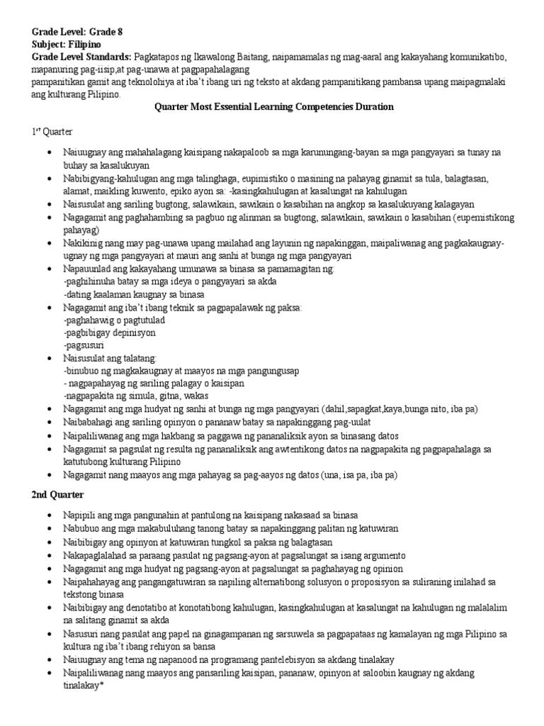 Melcs Filipino 8 | PDF