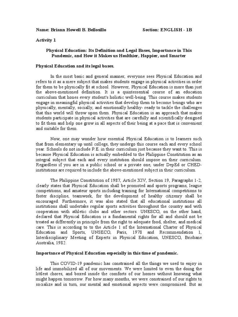 Pe101 Unit 1 Activity 1 Pdf Physical Education Brain