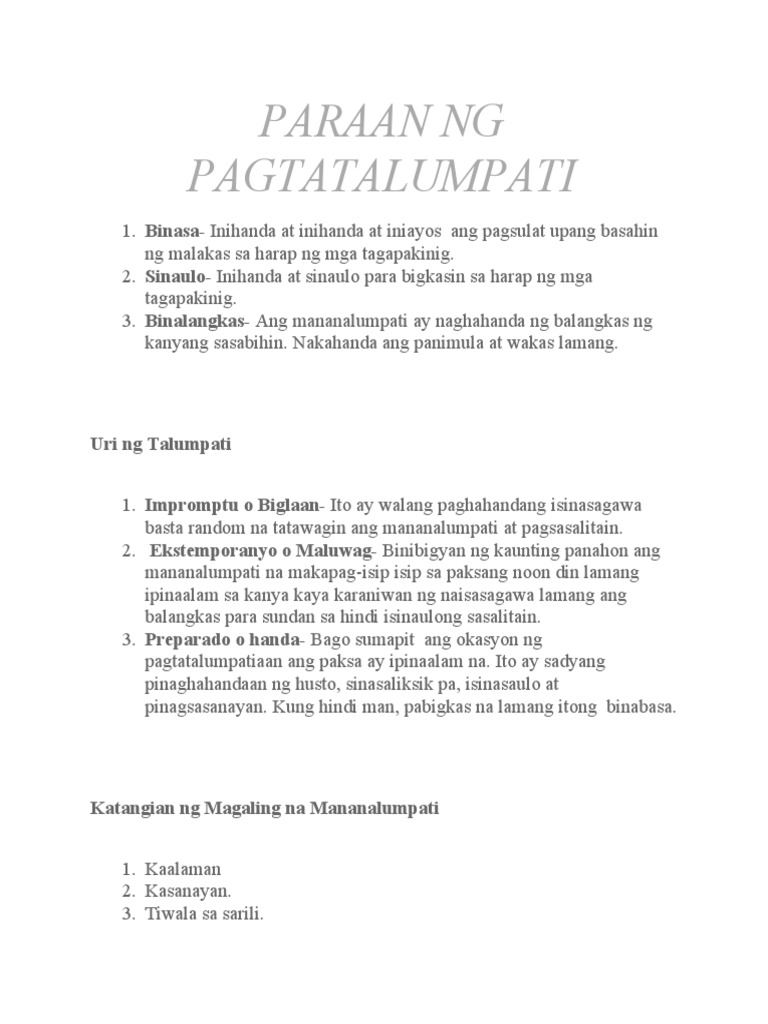 PARAAN NG PAGTATALUMPATI With Activity | PDF