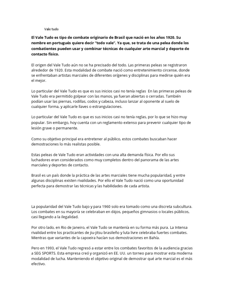 Historia y reglas del Vale Tudo | PDF | Deportes de combate | Combate