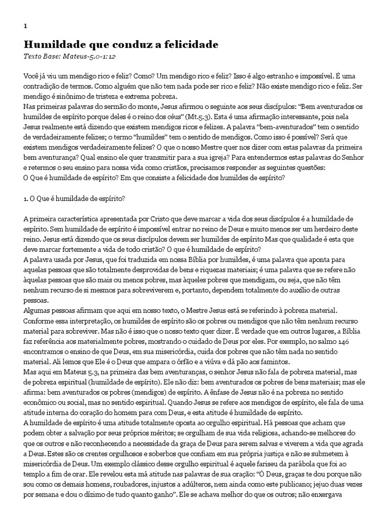 Humildade de Espírito e Felicidade Verdadeira | PDF | O Reino de Deus ...