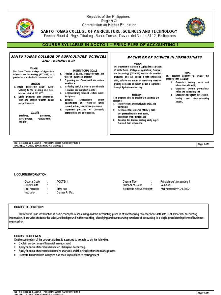 Principles of Accounting 1 Syllabus | PDF | Debits And Credits | Accounting