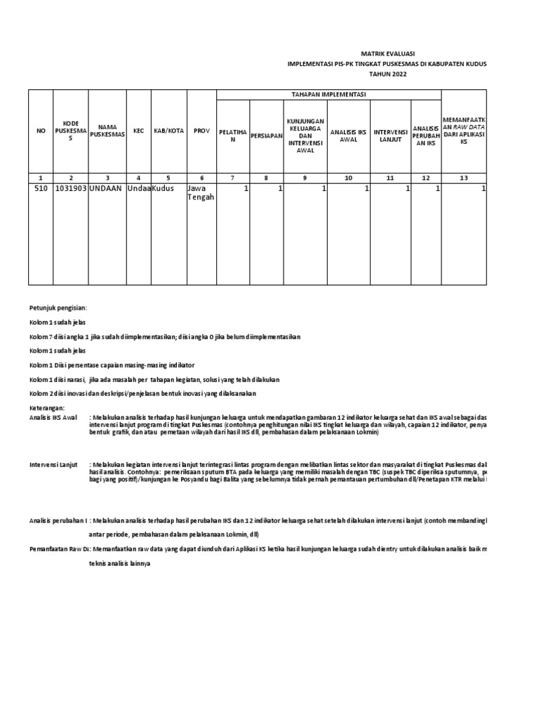 Matrik Evaluasi Pis PK Puskesmas Tahun 2022 | PDF