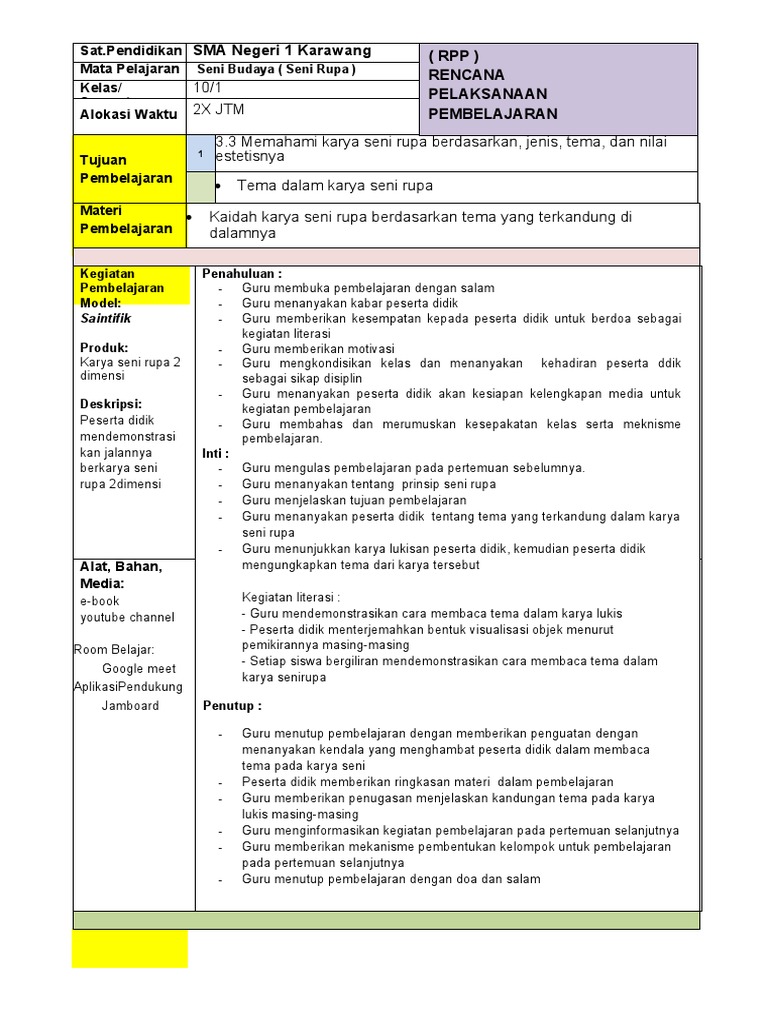 RPP Seni Rupa Semester 1 | PDF