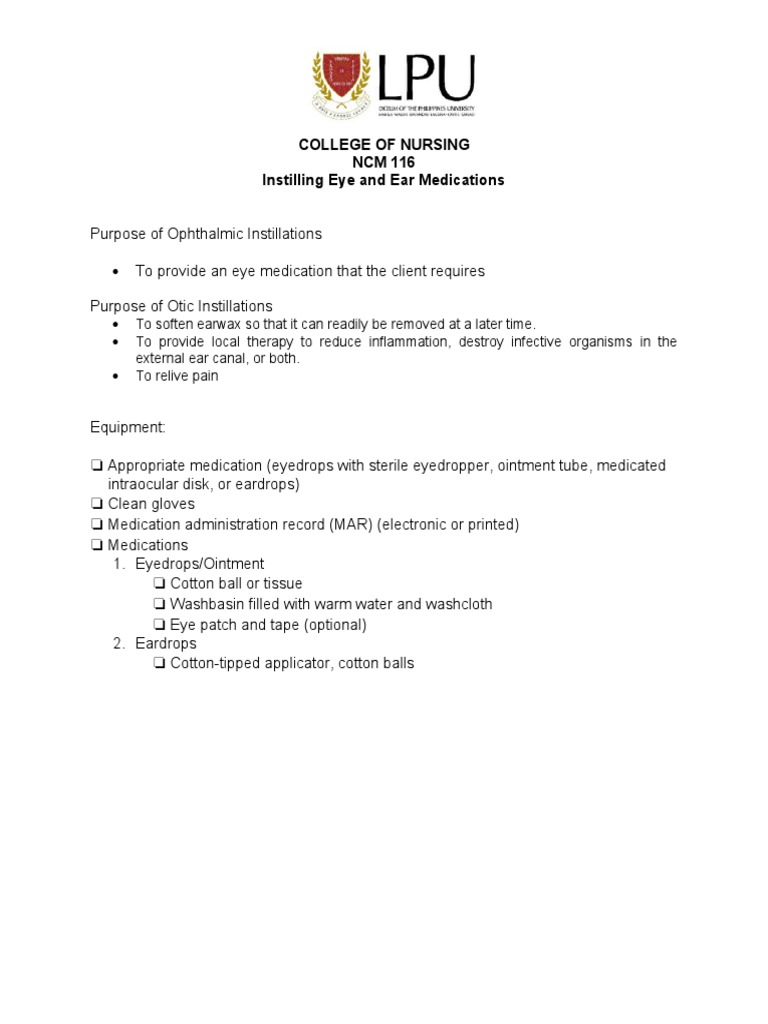 Eye Ear Med Instillation Procedure Rationale Pdf Human Eye Hygiene