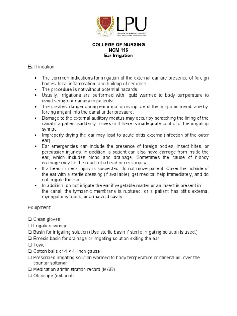 Ear Irrigation Procedure Guide | PDF | Ear | Medical Specialties