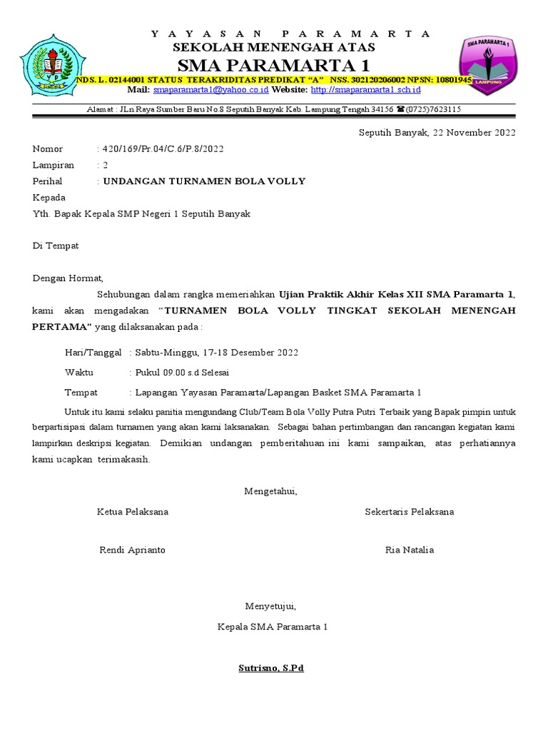 Undangan Turnamen Volly SMA Paramarta | PDF