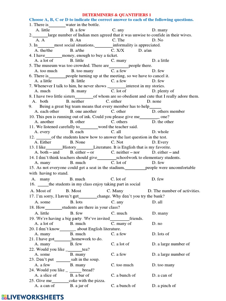 Determiners and Quantifiers Practice | PDF | Language Arts & Discipline | Foreign Language Studies