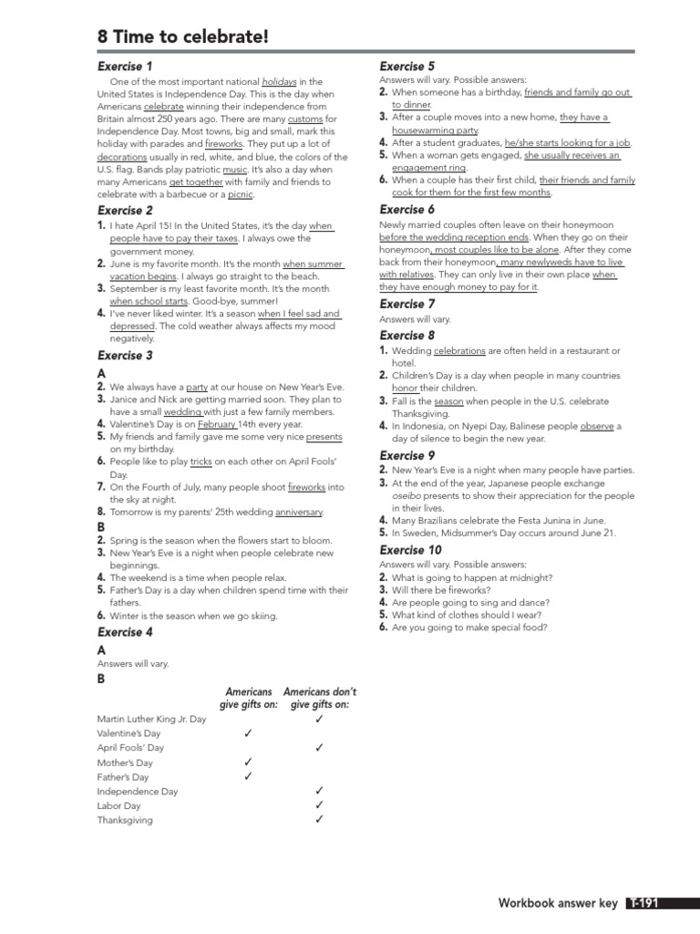 Workbook Ansawer Key Unid 8 | PDF