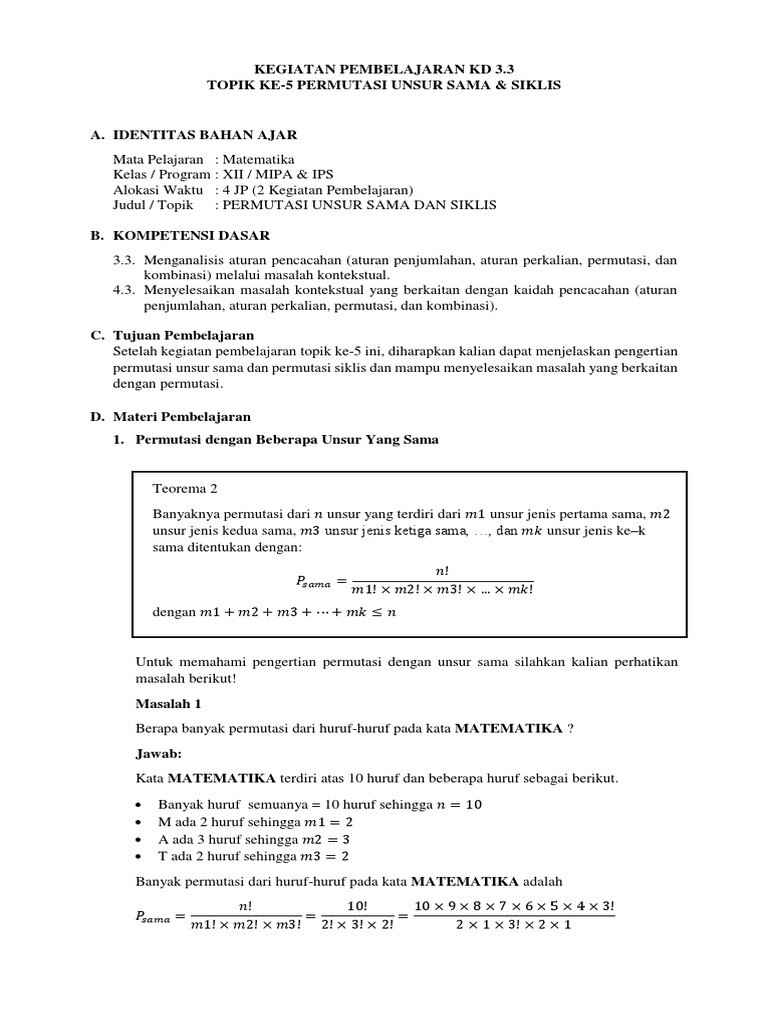 Topik 5 Permutasi Unsur Sama & Siklis Tuk Siswa | PDF
