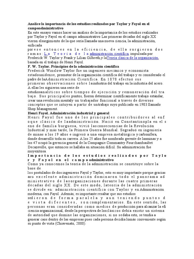 Estudios Realizados Por Taylor y Fayol en El Campoadministrativo | PDF