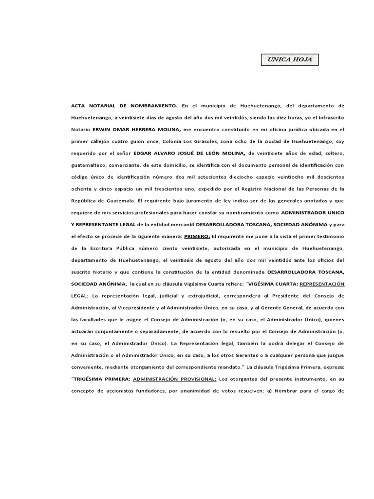 Nombramiento de Administrador Único | PDF